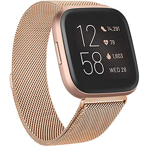 Meliya Metal Bands for Fitbit Versa 2 & Fitbit Versa & Versa Lite & Versa SE Bands, Stainless Steel Magnetic Lock Replacement Wristbands for Women Men Small Large (Small, Rose Gold)
