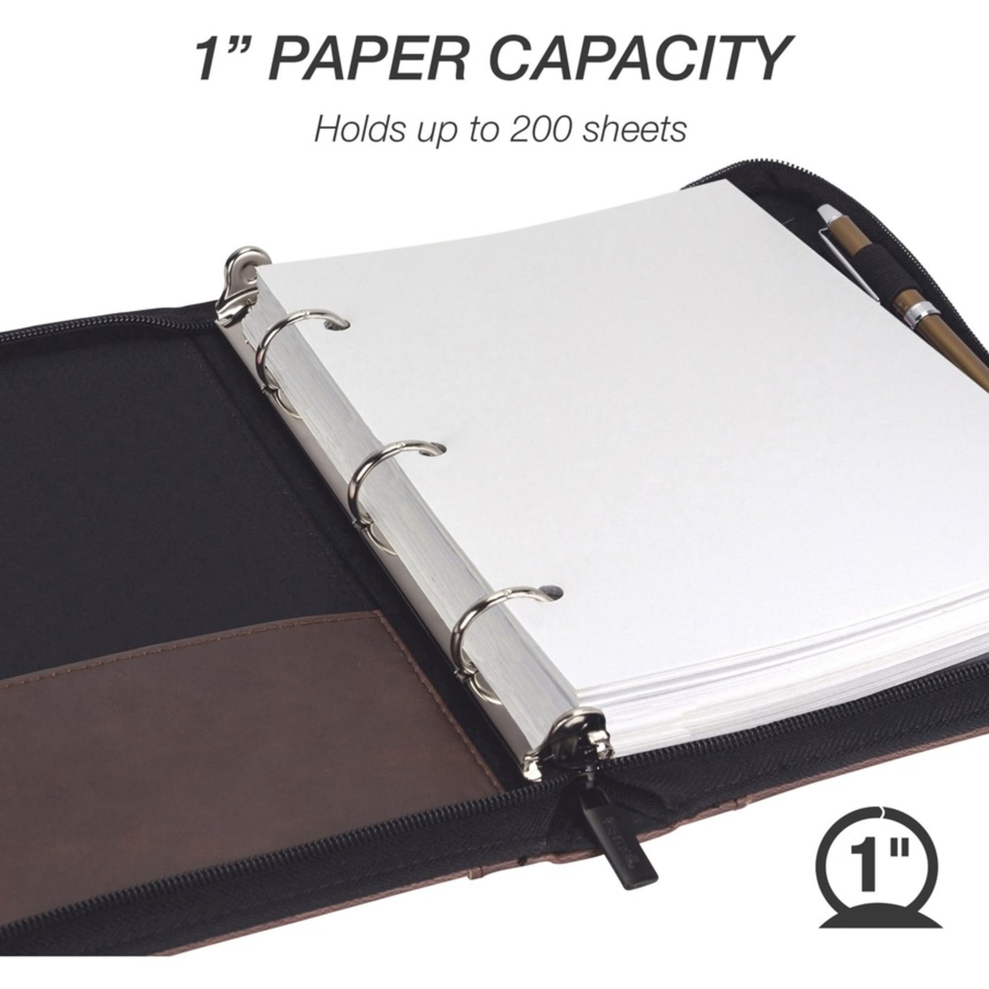 Samsill Vintage Hardback Mini 3 Ring Zipper Binder, Professional Binder Organizer, Planner, 1 Inch Capacity, Faux Leather, 5.5 x 8.5 Inch Documents, Brown