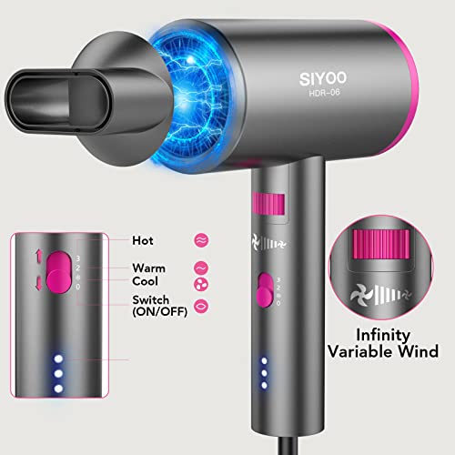 SIYOO Hair Dryer with Diffuser, 1600W Ionic Blow Dryer, Constant Temperature Hair Care Without Hair Damage, Lightweight Portable Travel Hairdryer