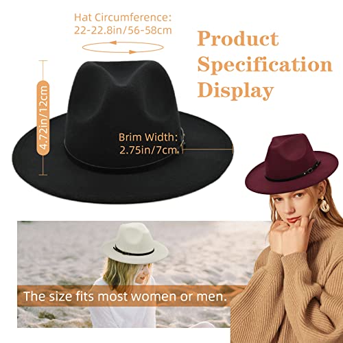 Women Classic Wide Brim Fedora Hat, 4 Pack Retro Panama Hat Wool Fedora Hat with Belt Buckle (Black+Wine Red+Navy Blue+Beige)