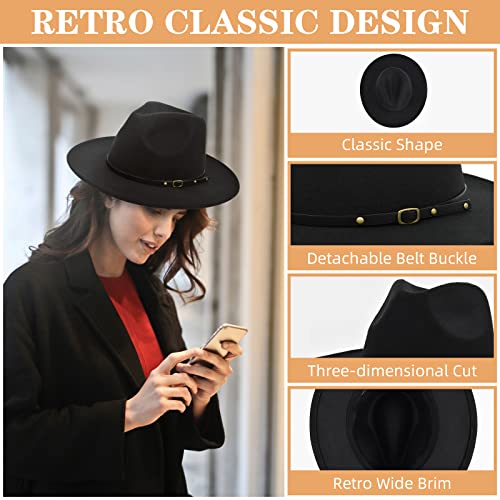 Women Classic Wide Brim Fedora Hat, 4 Pack Retro Panama Hat Wool Fedora Hat with Belt Buckle (Black+Wine Red+Navy Blue+Beige)