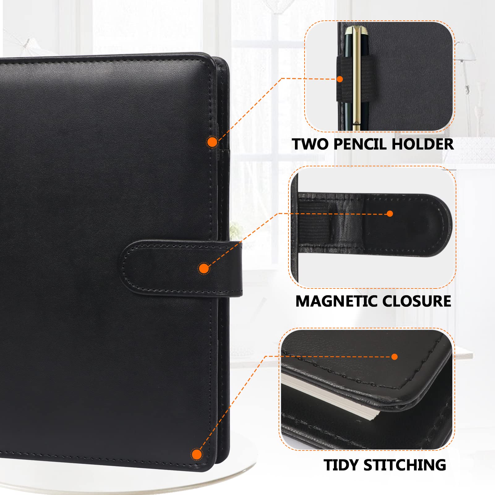 Toplive A5 Notebook Binder 6 Ring Refillable Binder, PU Leather Planner Binder Personal Budget Binder Organizer Cover with Magnetic Closure for A5 Filler Loose Leaf Paper, Matte Black