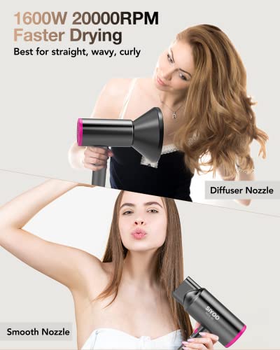 SIYOO Hair Dryer with Diffuser, 1600W Ionic Blow Dryer, Constant Temperature Hair Care Without Hair Damage, Lightweight Portable Travel Hairdryer
