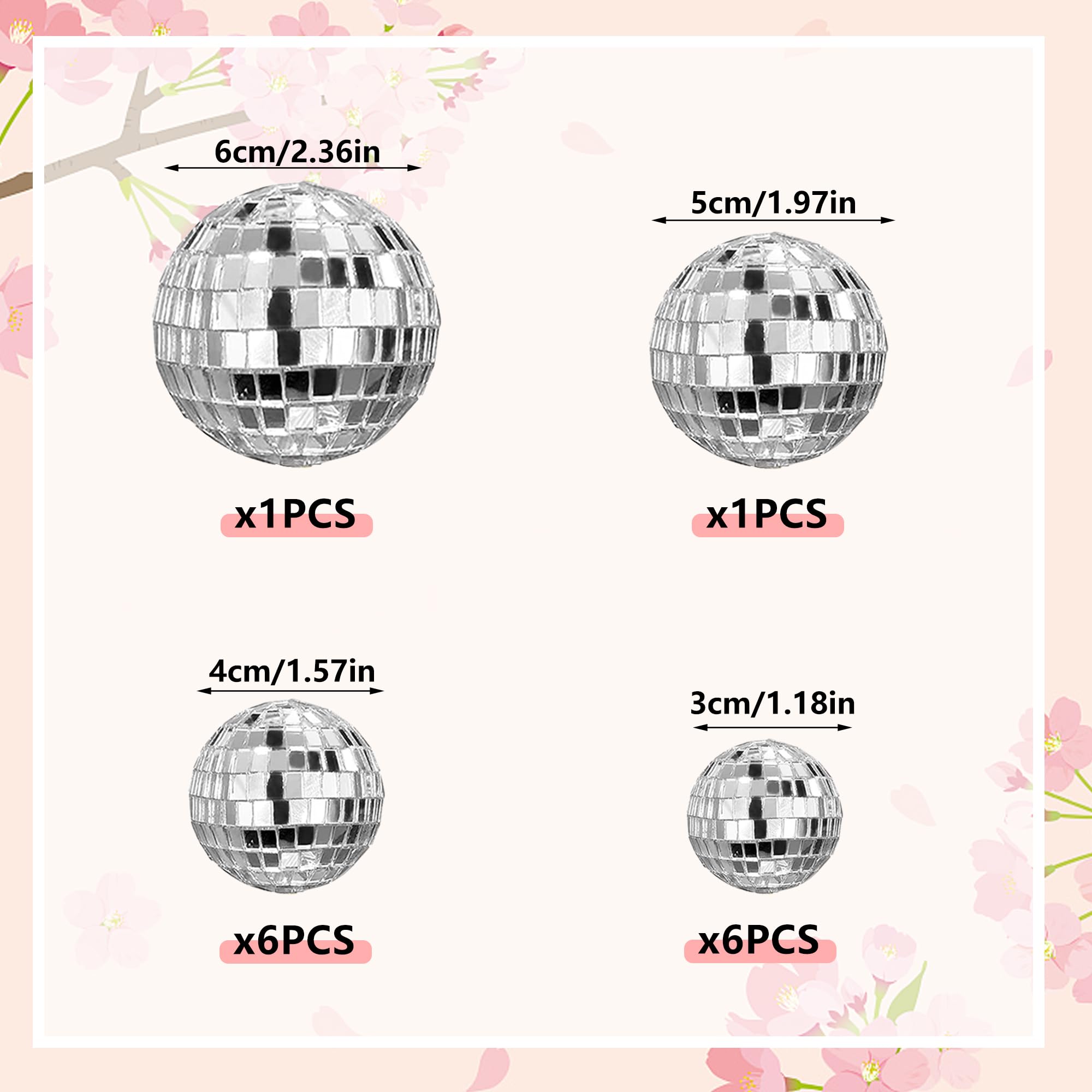 14 PCS 1.18inch 1.57inch 1.97inch 2.36inch Disco Ball Cake Decoration Ornaments Reflective Mirror Ball Cake Decoration 70s Disco Themed Party Christmas Tree Decoration