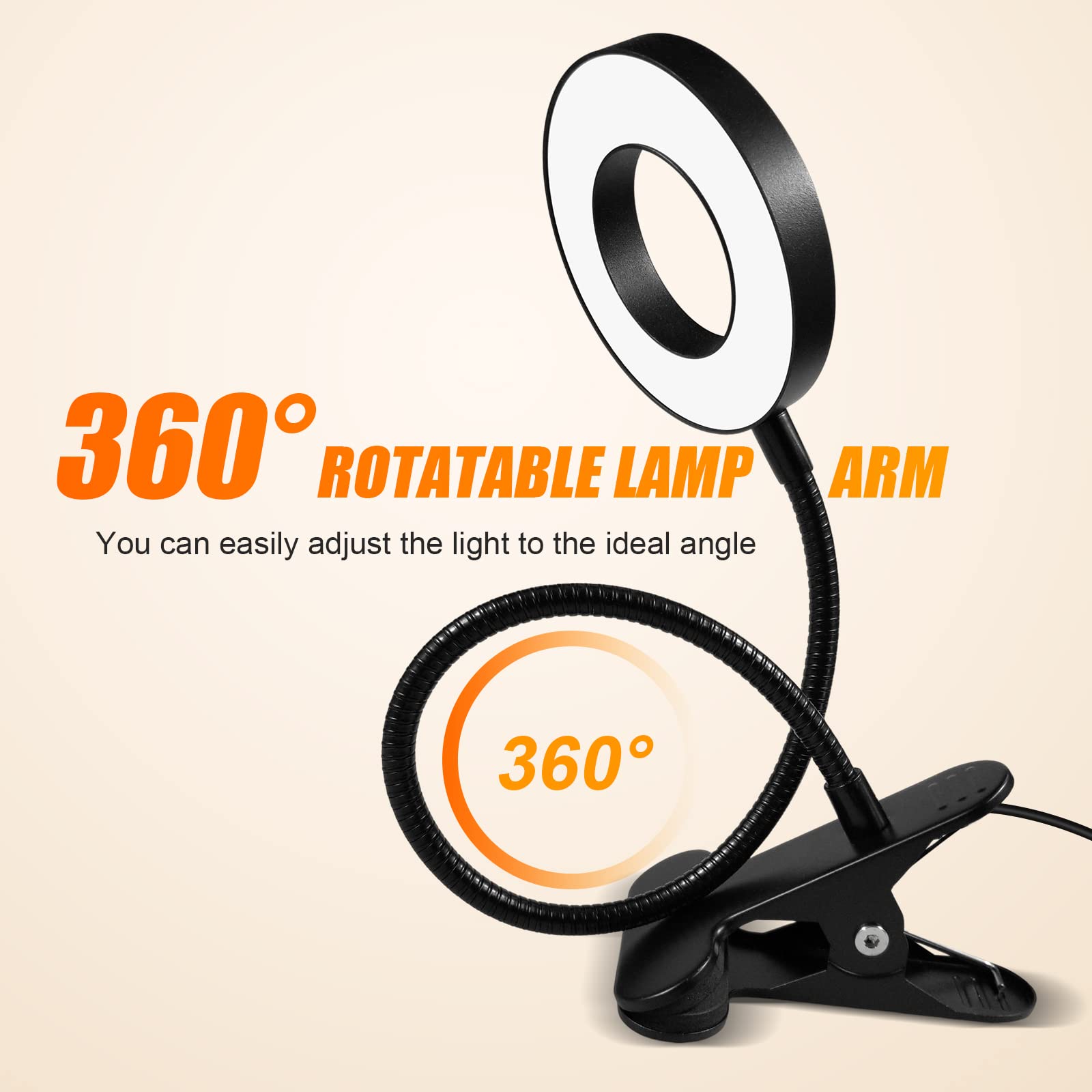 Earendil Desk Lamp,Clip On Reading Light,3 Color Modes 10 Brightness Level USB Charging Port 48 LED Eye Protection 360 Degree Spin Gooseneck Study lamp for Home Office Reading