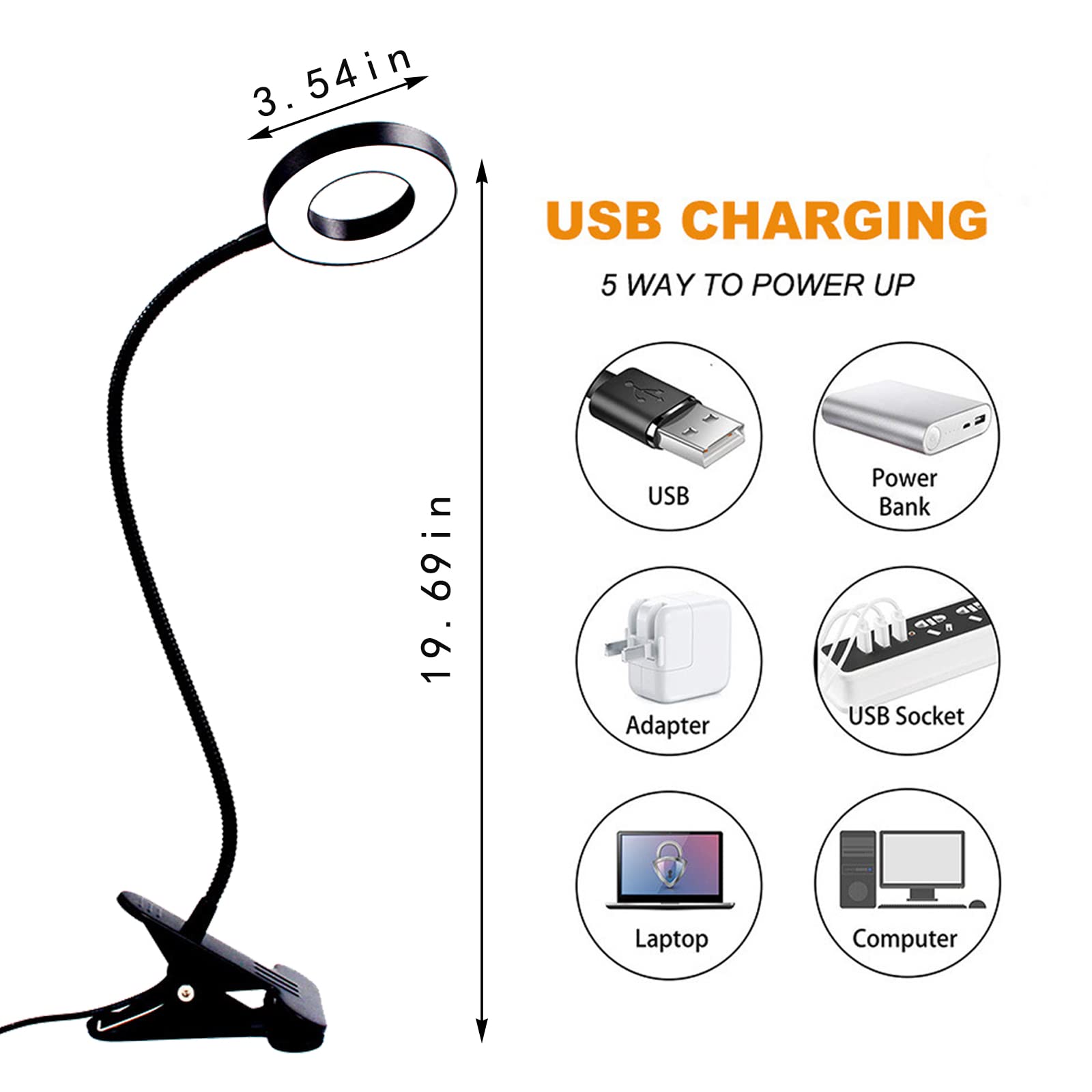 Earendil Desk Lamp,Clip On Reading Light,3 Color Modes 10 Brightness Level USB Charging Port 48 LED Eye Protection 360 Degree Spin Gooseneck Study lamp for Home Office Reading