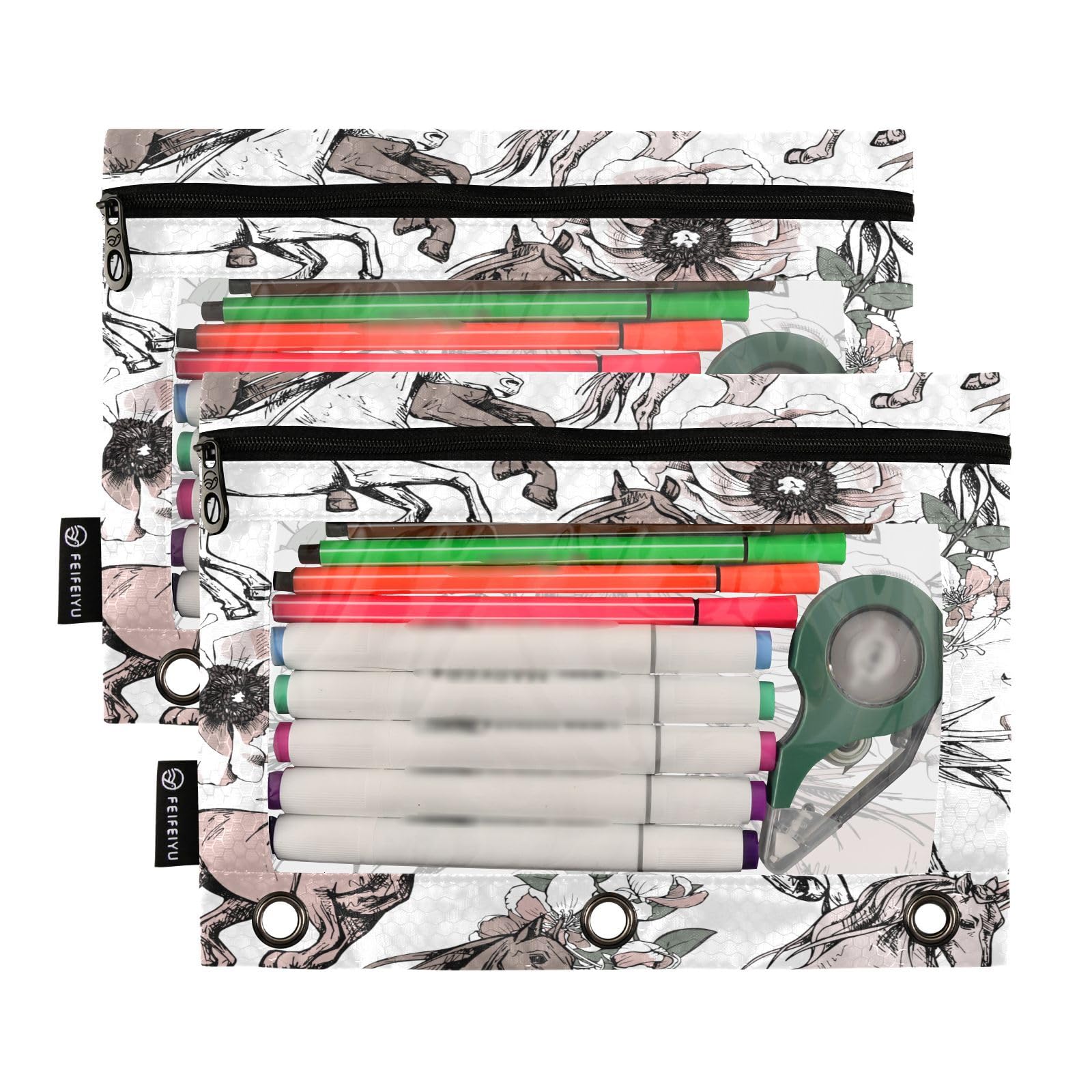 Haskirky Standard 3 Ring Zipper Clear Window Binder Pocket 2 PCS-7×9In,Beautiful Horses and Anemone Flowers Watersafe Large Capacity Office Travel Daily Assistant