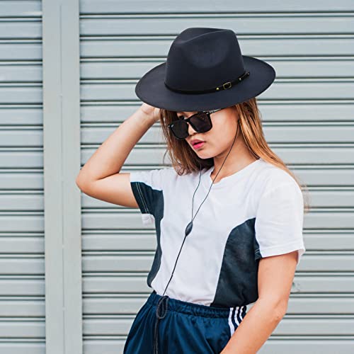 Women Classic Wide Brim Fedora Hat, 4 Pack Retro Panama Hat Wool Fedora Hat with Belt Buckle (Black+Wine Red+Navy Blue+Beige)