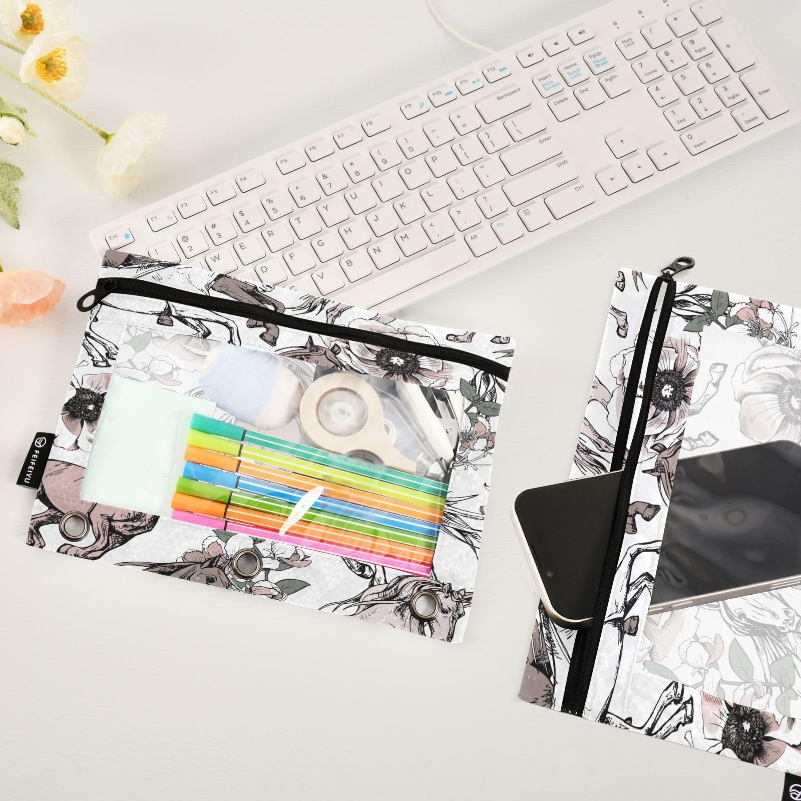 Haskirky Standard 3 Ring Zipper Clear Window Binder Pocket 2 PCS-7×9In,Beautiful Horses and Anemone Flowers Watersafe Large Capacity Office Travel Daily Assistant