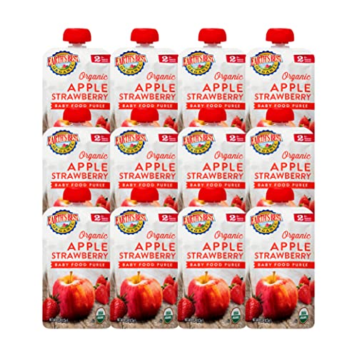 Earth's Best Organic Baby Food Pouches, Stage 2 Fruit Puree for Babies 6 Months and Older, Organic Apple Strawberry Puree, 4 oz Resealable Pouch (Pack of 12)
