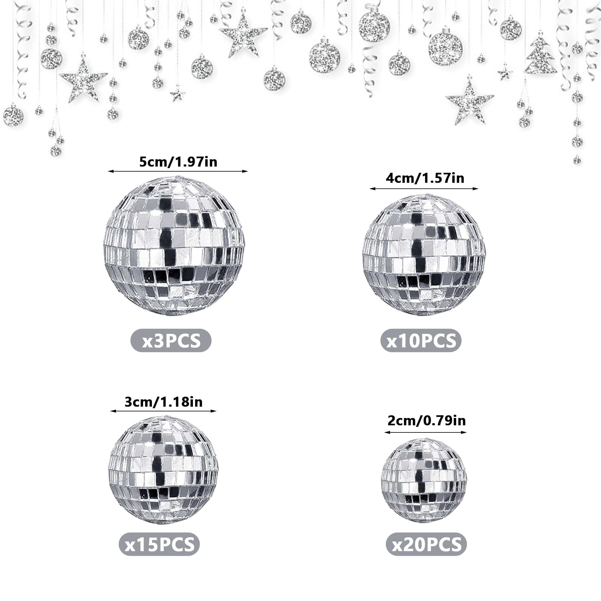 48 PCS Mirror Ball Cake Decorations - Reflective Ornaments for 70s Disco Themed Parties, Christmas Trees & Dance Music