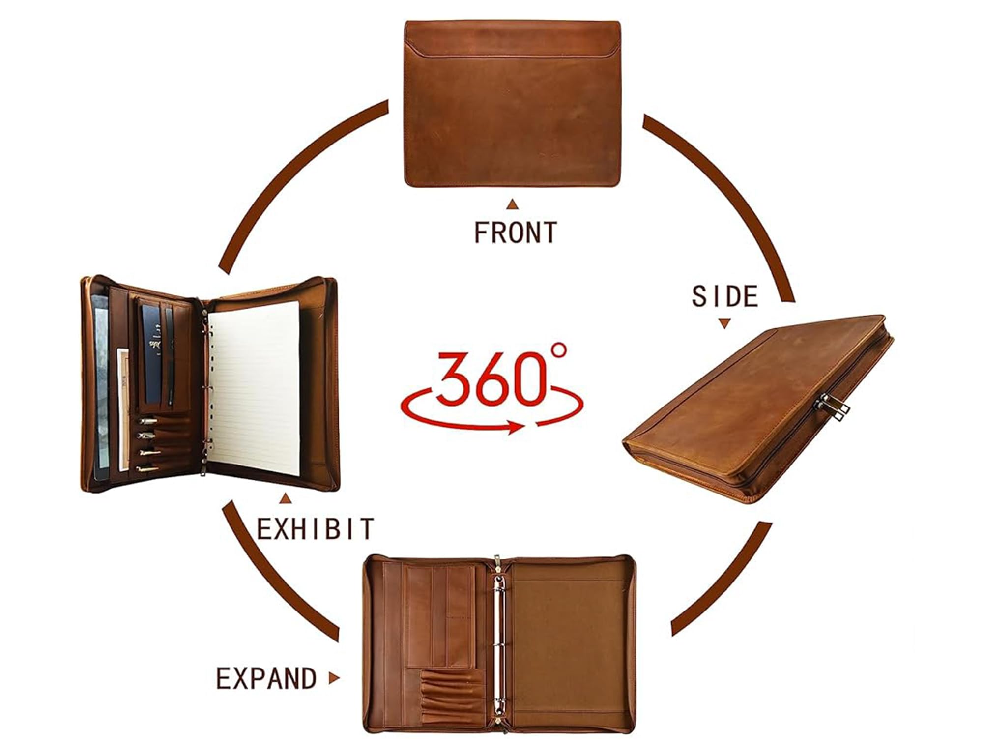 Free Name Engraved, Personalized Leather Portfolio Binder for Men, 3 Ring Binder Custom Padfolio Folder, Handmade Professional Business Organizer with Zipper, Gift for Men/Women, Customized, Brown