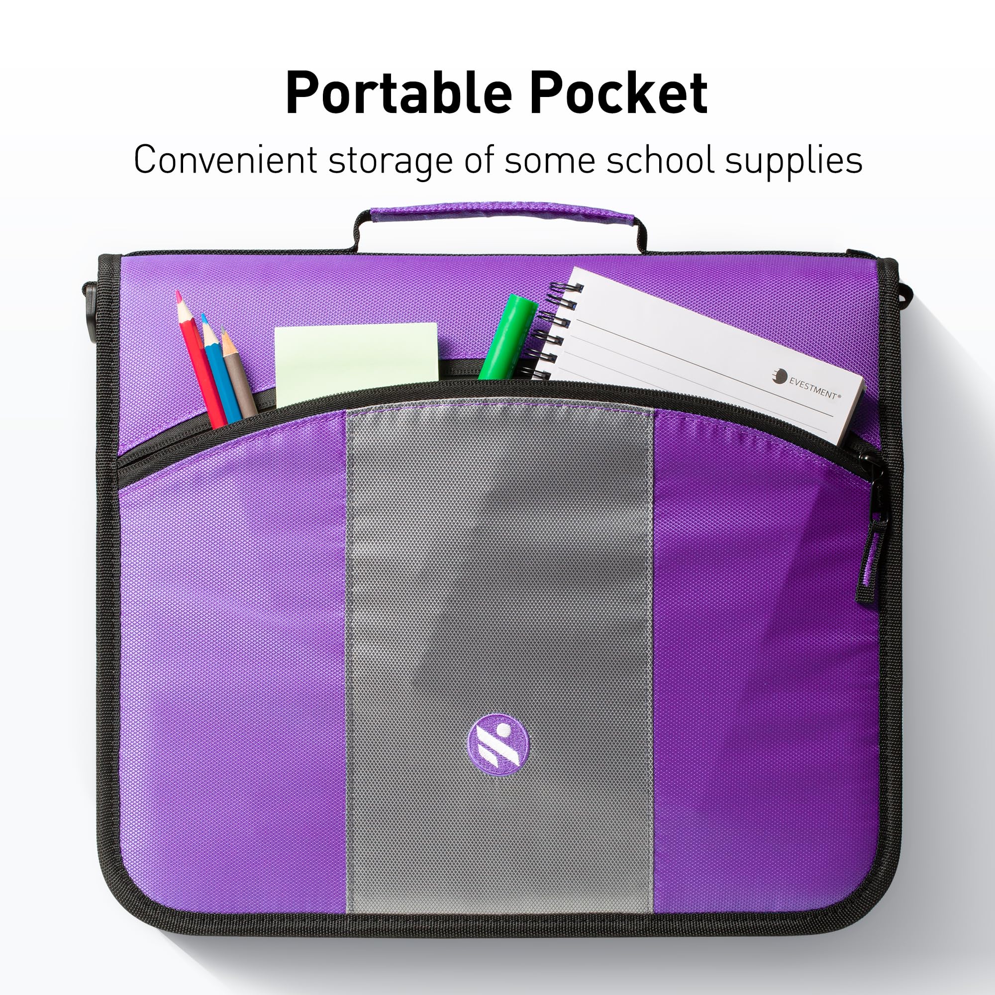 Kinbashi 3-Inch 3 Round Rings Zipper Binder, Expanding Files, Handle and Shoulder Strap Included, Purple