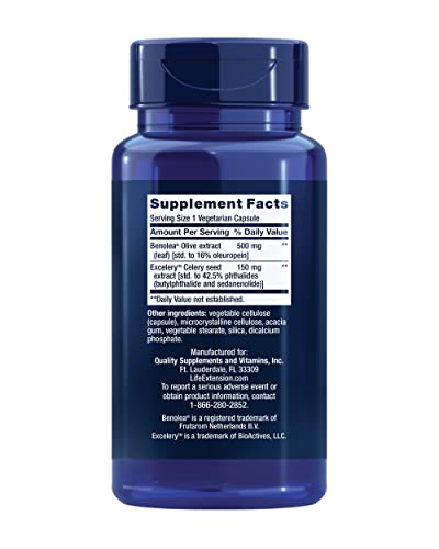 Life Extension Advanced Olive Leaf Vascular Support Promotes Cardiovascular & Circulatory Health – Gluten-Free, Non-GMO, Vegetarian – 60 Vegetarian Capsules