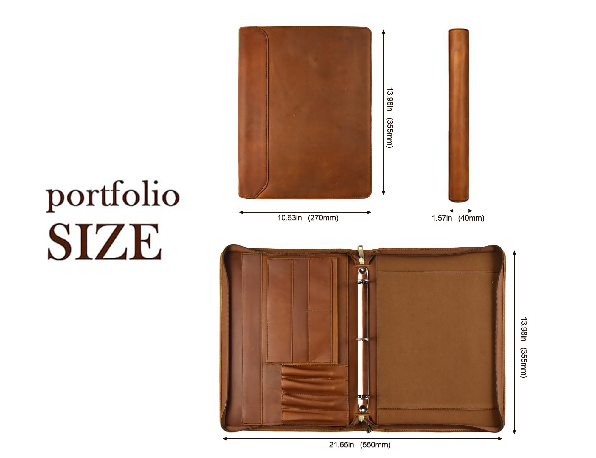 Free Name Engraved, Personalized Leather Portfolio Binder for Men, 3 Ring Binder Custom Padfolio Folder, Handmade Professional Business Organizer with Zipper, Gift for Men/Women, Customized, Brown