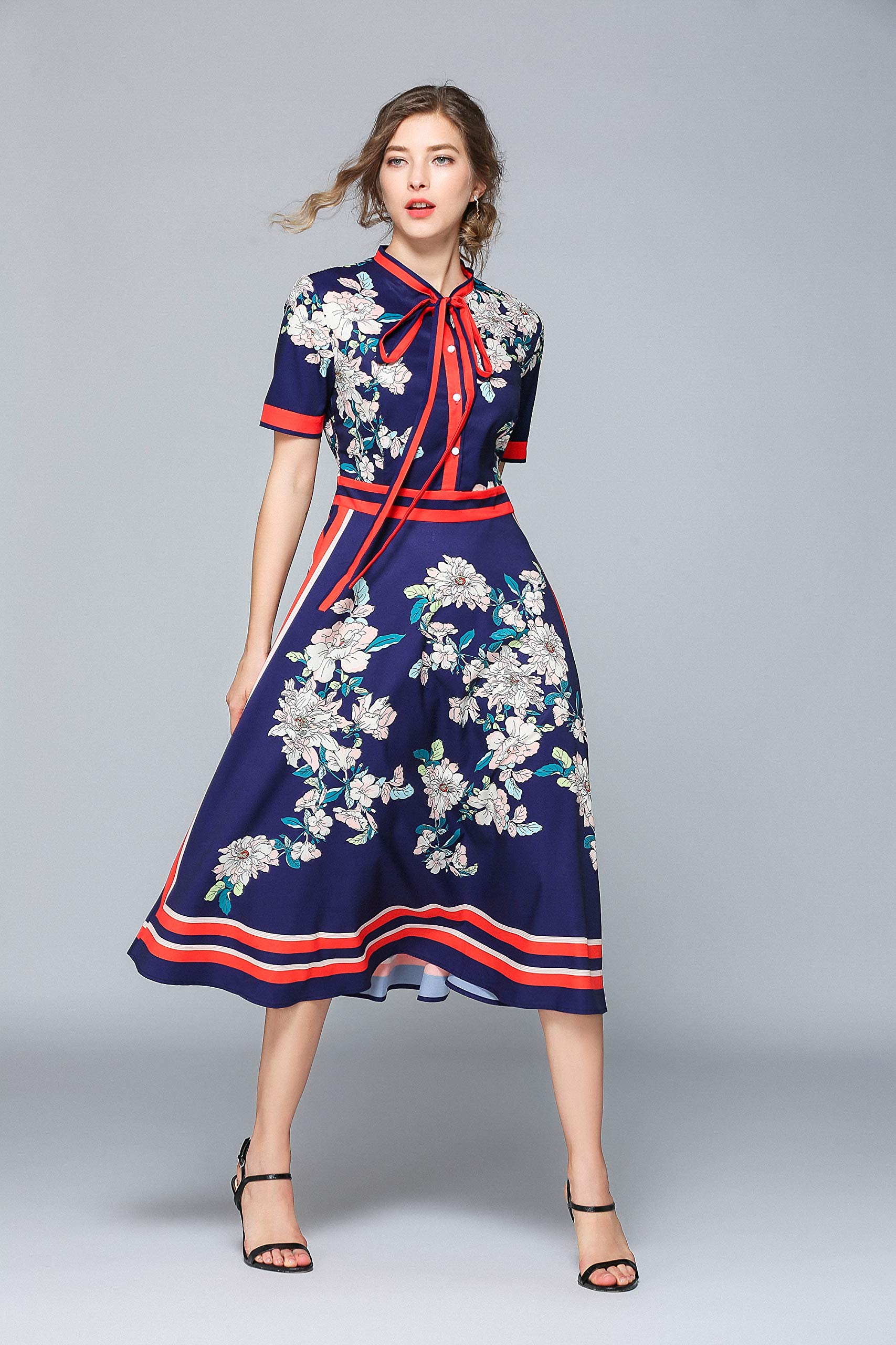 LAI MENG FIVE CATS Women's Floral Print Button up Midi Dress Casual A-line Shirt Dresses