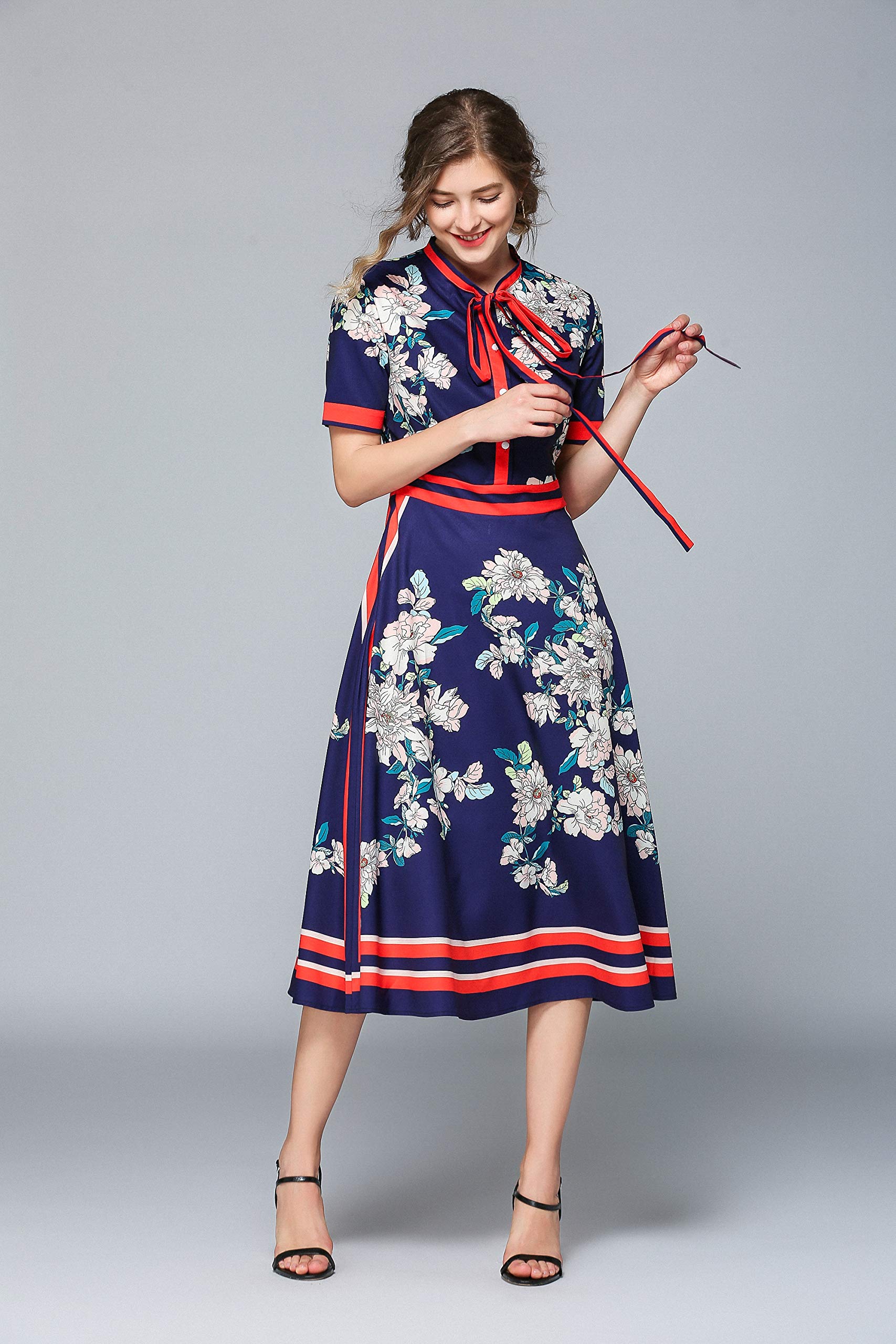 LAI MENG FIVE CATS Women's Floral Print Button up Midi Dress Casual A-line Shirt Dresses