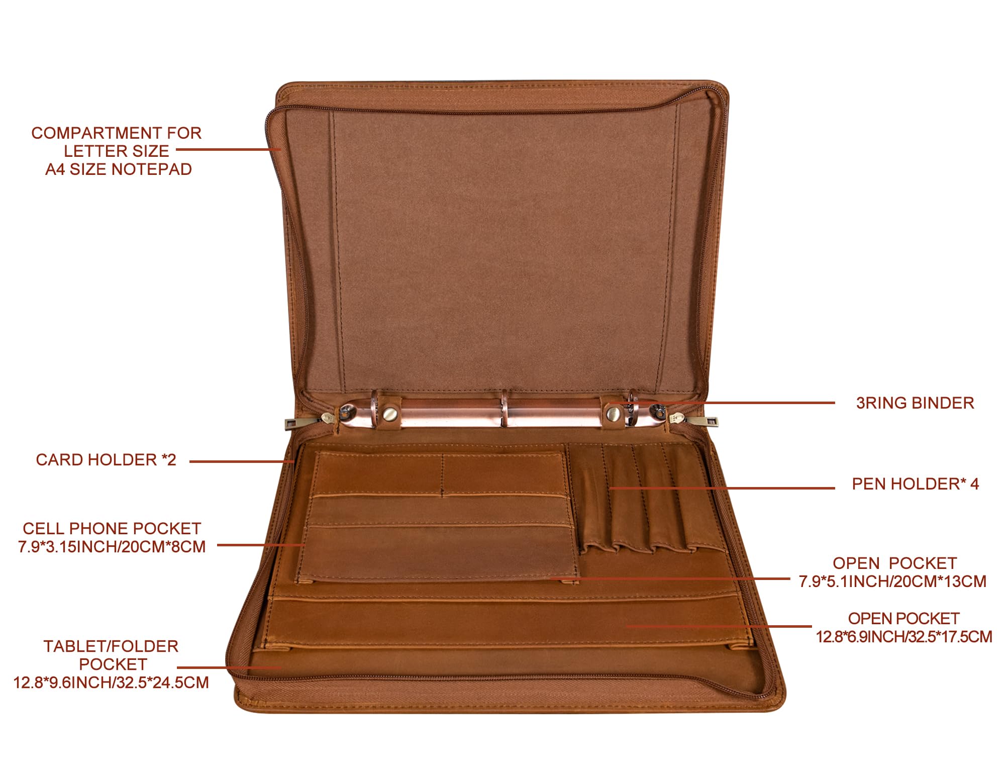 Free Name Engraved, Personalized Leather Portfolio Binder for Men, 3 Ring Binder Custom Padfolio Folder, Handmade Professional Business Organizer with Zipper, Gift for Men/Women, Customized, Brown