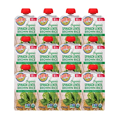 Earth's Best Organic Baby Food Pouches, Stage 2 Protein and Veggie Puree for Babies 6 Months and Older, Organic Spinach Lentil Brown Rice, 3.5 oz Resealable Pouch (Pack of 12)