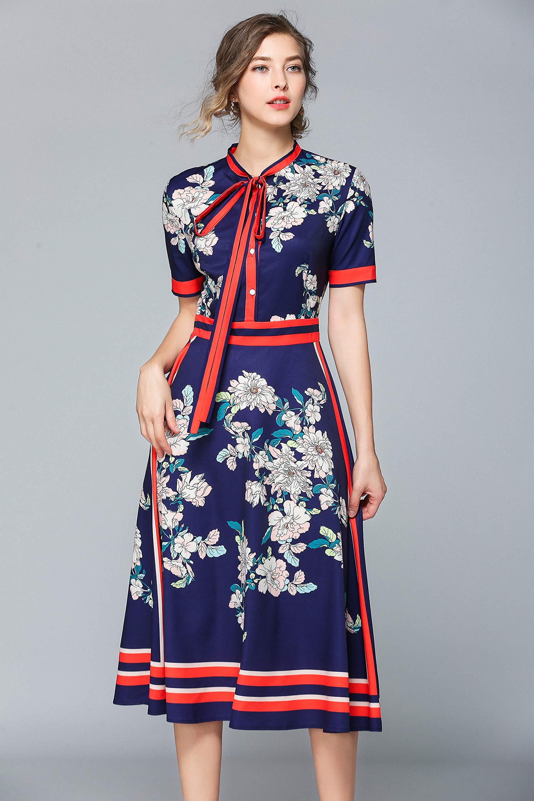 LAI MENG FIVE CATS Women's Floral Print Button up Midi Dress Casual A-line Shirt Dresses