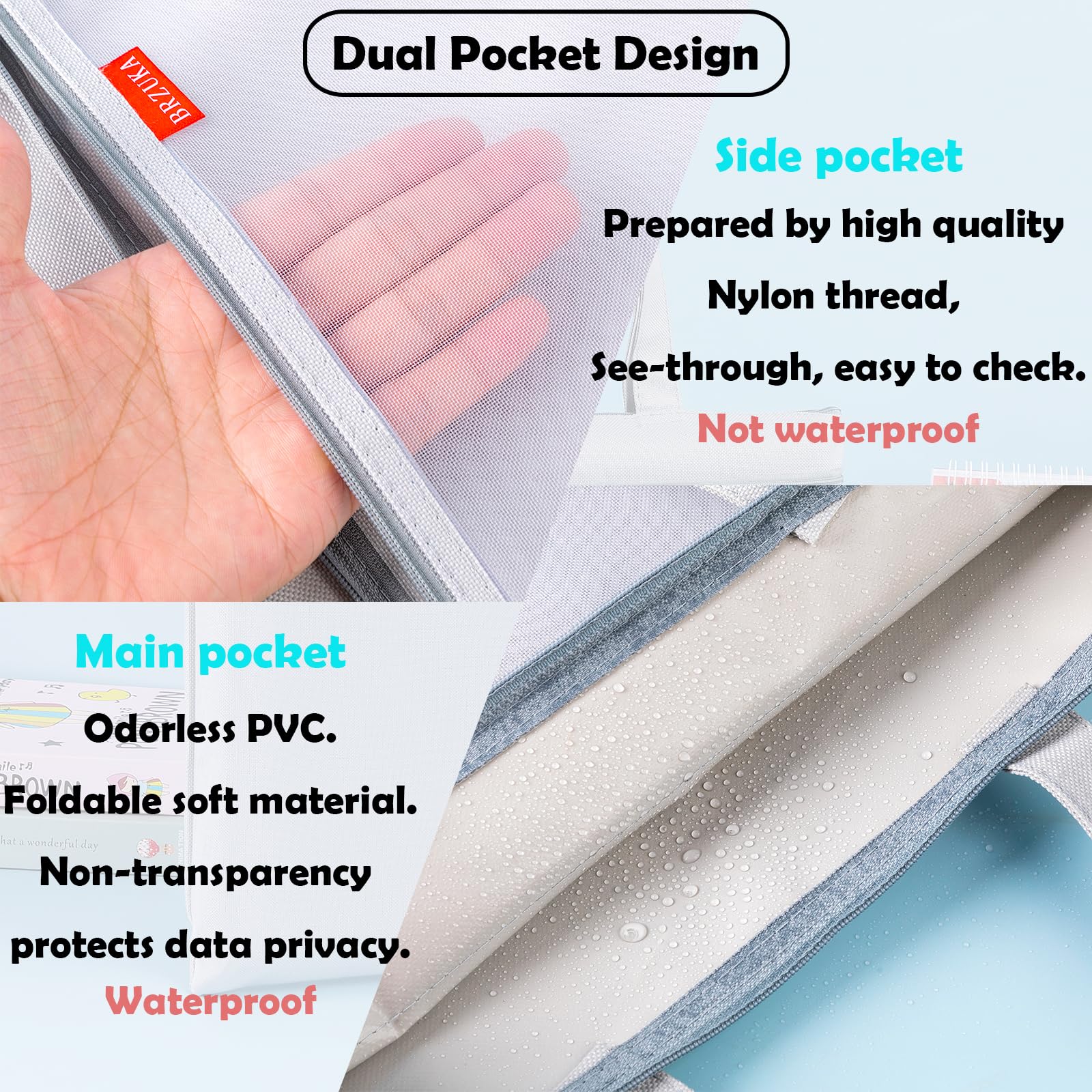 BRZUKA Mesh Zipper Pouch 11x13.7 in, A4 Double Pocket Waterproof File Bag with Handle, Document Storage for School/Travel/Office/Cross Stitch/Puzzle (Gray)