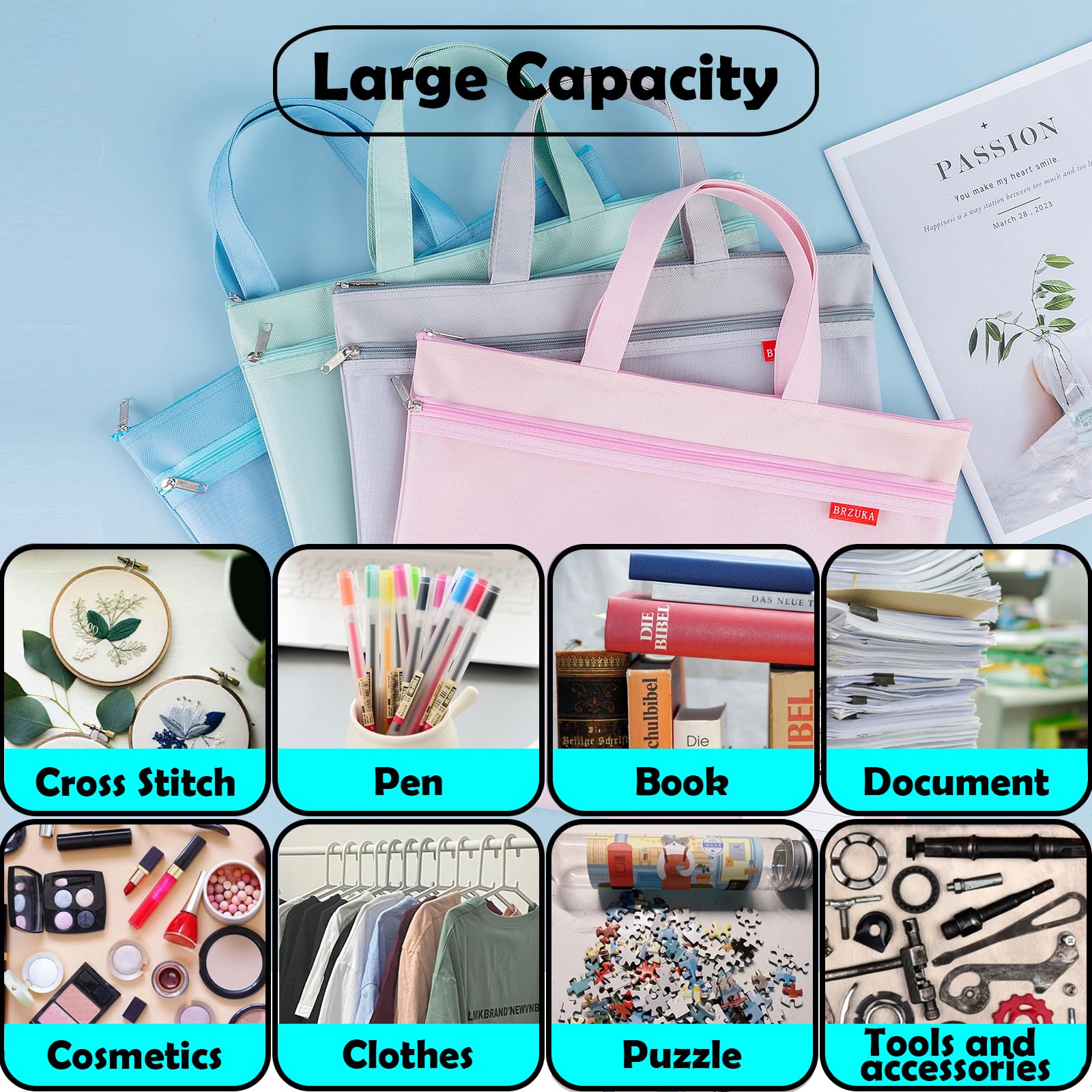 BRZUKA Mesh Zipper Pouch 11x13.7 in, A4 Double Pocket Waterproof File Bag with Handle, Document Storage for School/Travel/Office/Cross Stitch/Puzzle (Gray)