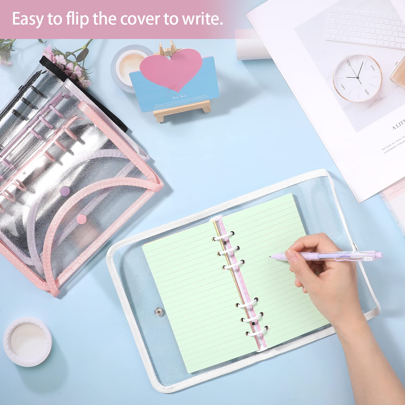 NEWEST 2 Pieces Clear PVC A6 Refillable Binder Covers, Shiny 6-Ring Personal Notebook Shell, Round Ring Binder Pocket with Snap Button Lock for Filler Organizer Planner Journal Album, Pink & Purple