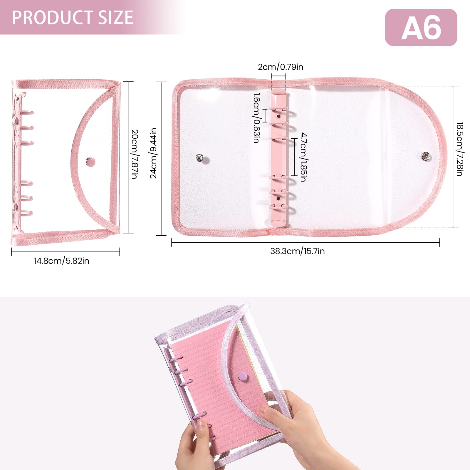 NEWEST 2 Pieces Clear PVC A6 Refillable Binder Covers, Shiny 6-Ring Personal Notebook Shell, Round Ring Binder Pocket with Snap Button Lock for Filler Organizer Planner Journal Album, Pink & Purple