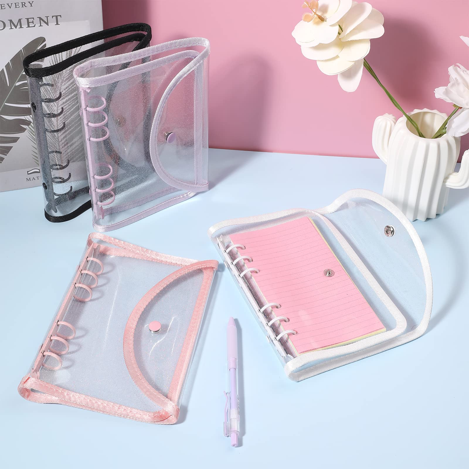 NEWEST 2 Pieces Clear PVC A6 Refillable Binder Covers, Shiny 6-Ring Personal Notebook Shell, Round Ring Binder Pocket with Snap Button Lock for Filler Organizer Planner Journal Album, Pink & Purple