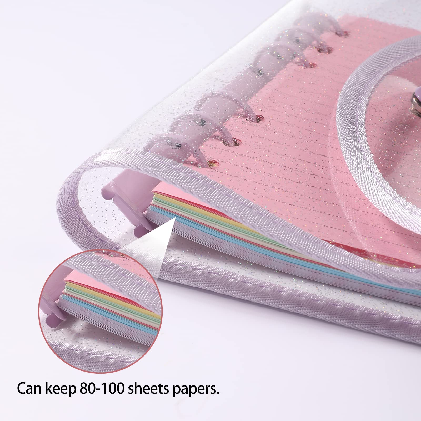 NEWEST 2 Pieces Clear PVC A6 Refillable Binder Covers, Shiny 6-Ring Personal Notebook Shell, Round Ring Binder Pocket with Snap Button Lock for Filler Organizer Planner Journal Album, Pink & Purple