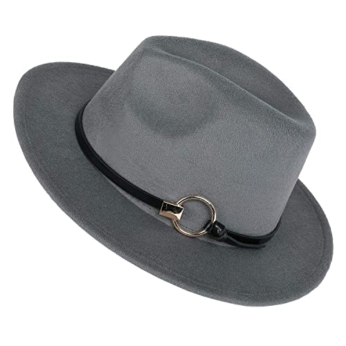 DT DANTIYA Women's Vintage Wide Brim Felt Fedora Hat Wide Brim Panama Hats with Belt Metal Buckle Light Grey