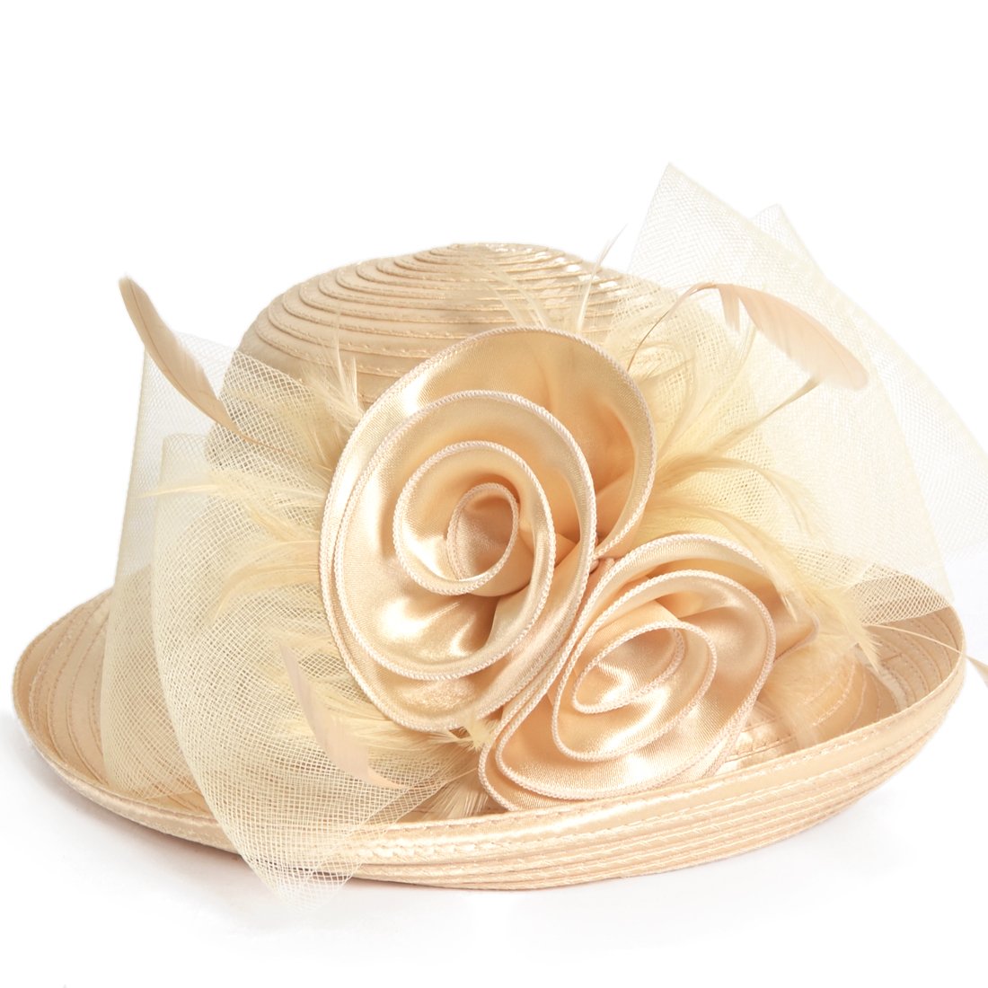 Women Kentucky Church Derby Dress Wedding Party Feather Bucket Hat S608-A (Apricot)