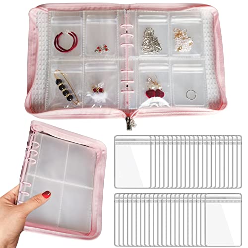 Nelonis Transparent Jewelry Storage Book Jewelry Plastic Zipper Bag Travel Storage Bag Portable Pocket Folding Travel Album Zipper Bag,Suitable for Earrings,Bracelets,Rings,Brooches (Pink)