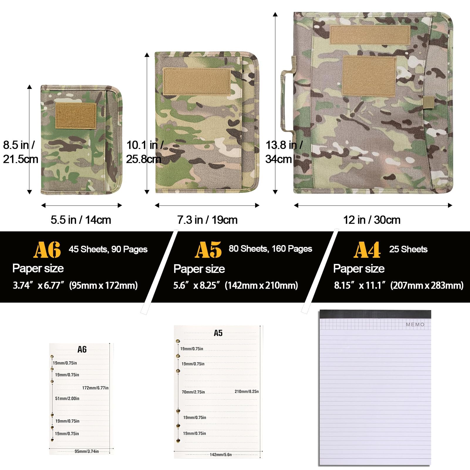 Kosibate Padfolio Ring Binder with 45 Sheets 90 Pages of Loose-Leaf Paper, Weatherproof Notebook Cover, Tactical Notebook with Zippered for Folders, Business Cards Refillable 6-Ring Notepad(5.5"x8.5")