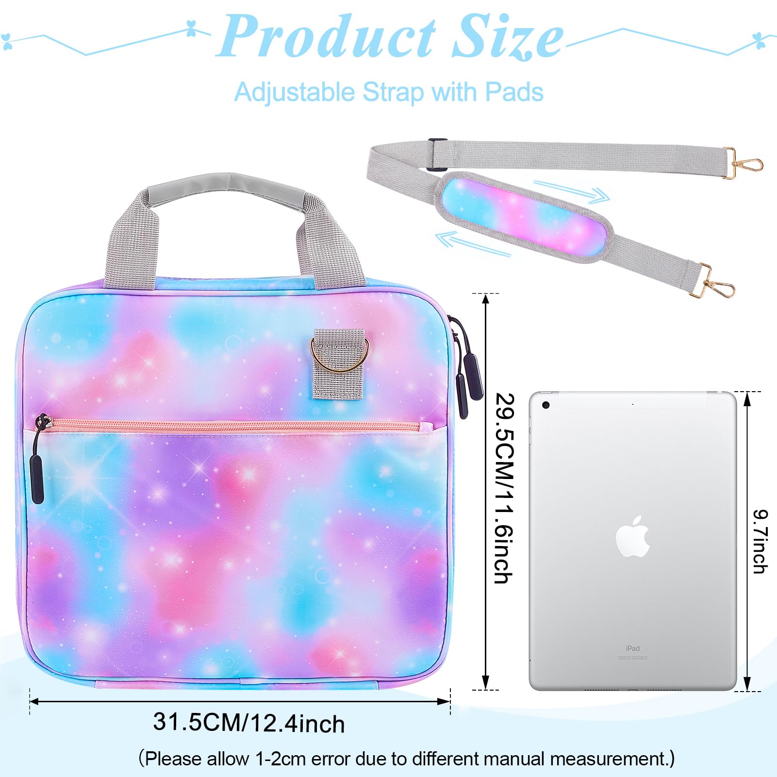 FIODAY Zipper Binder, 2 inch 3 Ring Binder with Zipper Cute Binder with Handle and Shoulder Strap Multiple Pocket 500 Sheet Capacity Binder Organizer for School, Blue Purple
