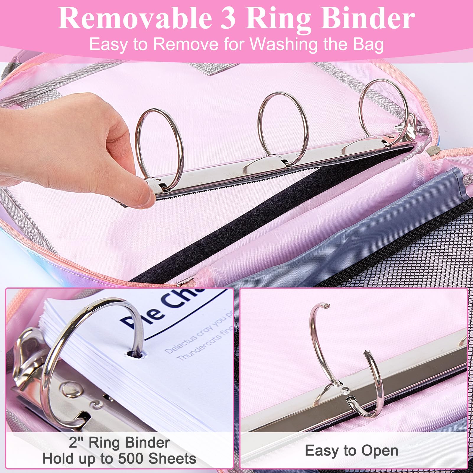 FIODAY Zipper Binder, 2 inch 3 Ring Binder with Zipper Cute Binder with Handle and Shoulder Strap Multiple Pocket 500 Sheet Capacity Binder Organizer for School, Blue Purple