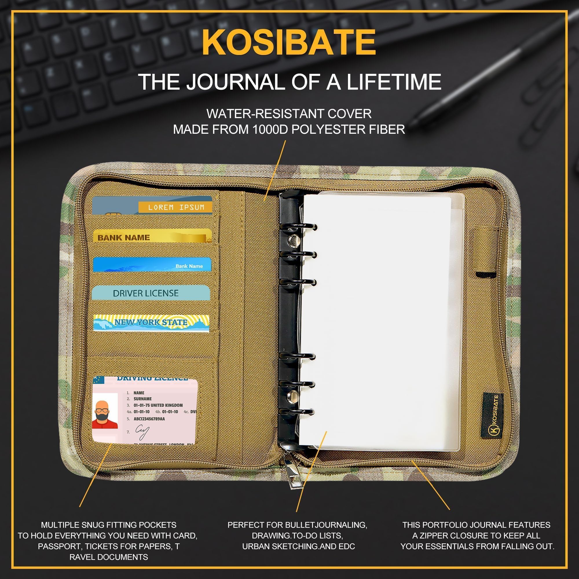 Kosibate Padfolio Ring Binder with 45 Sheets 90 Pages of Loose-Leaf Paper, Weatherproof Notebook Cover, Tactical Notebook with Zippered for Folders, Business Cards Refillable 6-Ring Notepad(5.5"x8.5")