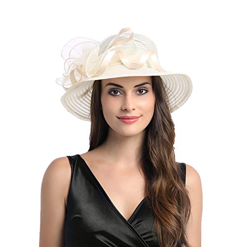 DT DANTIYA Women's Derby Dress Floral Tea Party Wedding Bucket Hat Church Cloche Hat Bowler Hats Beige
