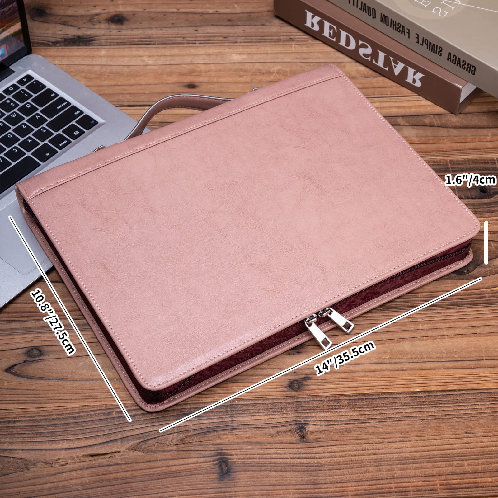 Geslun Vegan Leather Portfolio 3 Ring Binder with Clipboard, Hidden Handle, 8.5 x 11 Zippered Padfolio, Business Organizer Professional Executive Folio for Women, Pink