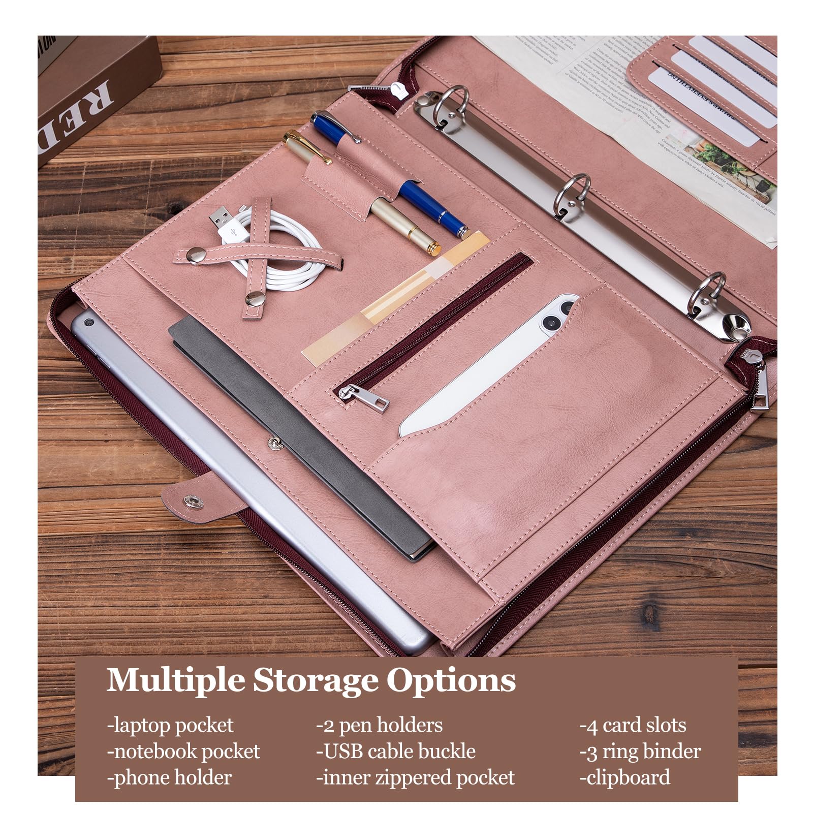 Geslun Vegan Leather Portfolio 3 Ring Binder with Clipboard, Hidden Handle, 8.5 x 11 Zippered Padfolio, Business Organizer Professional Executive Folio for Women, Pink