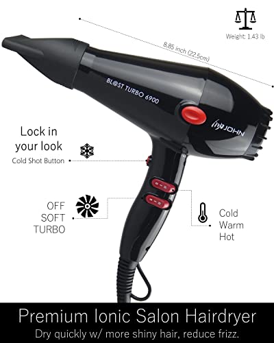 Powerful 2200w Ionic Hair Dryer, Fast Drying Professional Salon Blow Dryer, JOHN Blast Turbo 6900