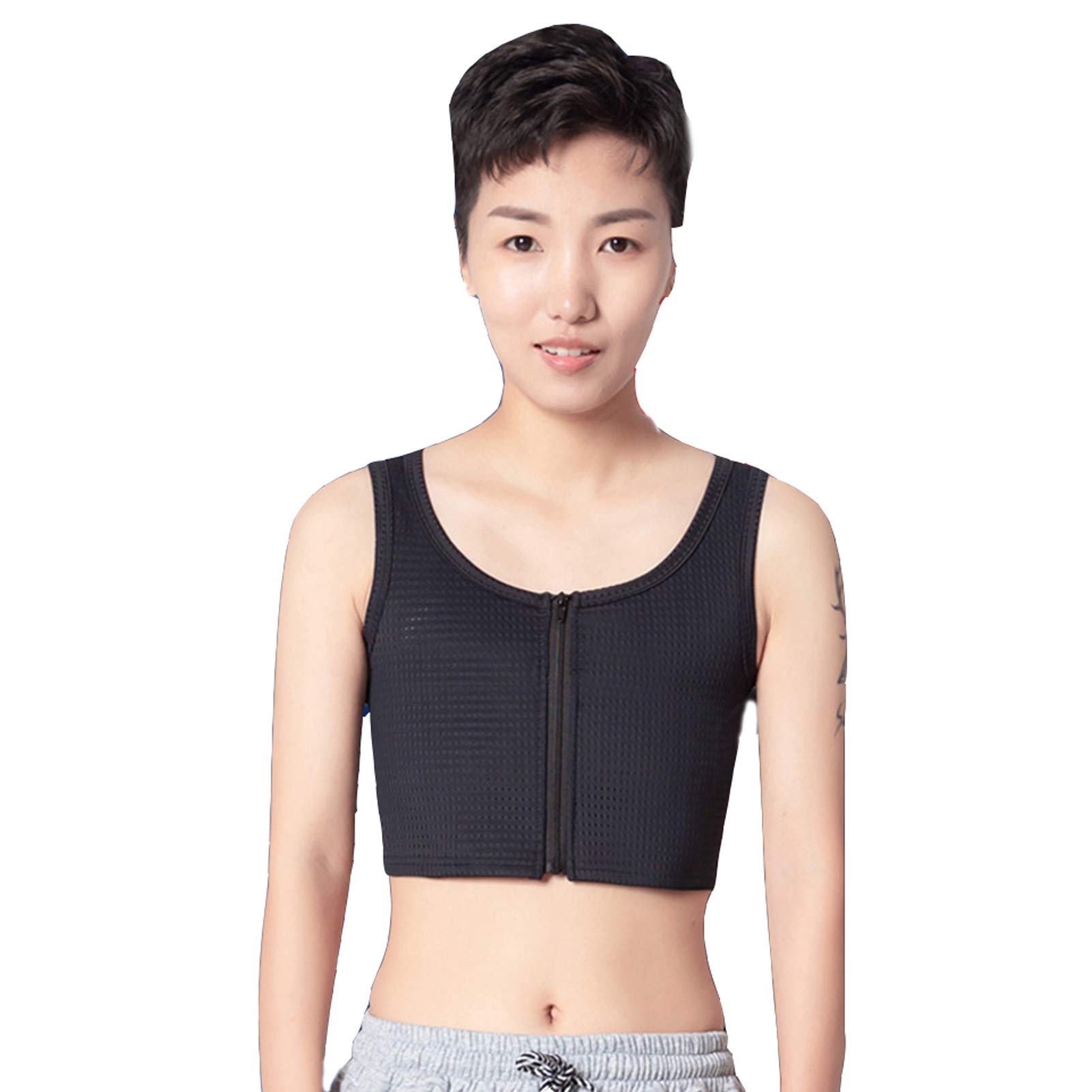 BaronHong Chest Binder Zipper Up IceSilk Tank Top Vest for Tomboy Trans Lesbian(black,M)
