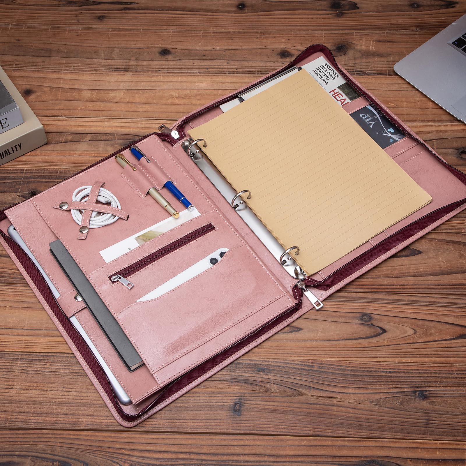 Geslun Vegan Leather Portfolio 3 Ring Binder with Clipboard, Hidden Handle, 8.5 x 11 Zippered Padfolio, Business Organizer Professional Executive Folio for Women, Pink