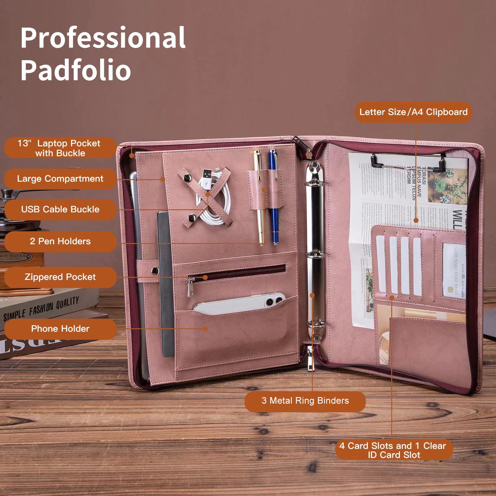 Geslun Vegan Leather Portfolio 3 Ring Binder with Clipboard, Hidden Handle, 8.5 x 11 Zippered Padfolio, Business Organizer Professional Executive Folio for Women, Pink