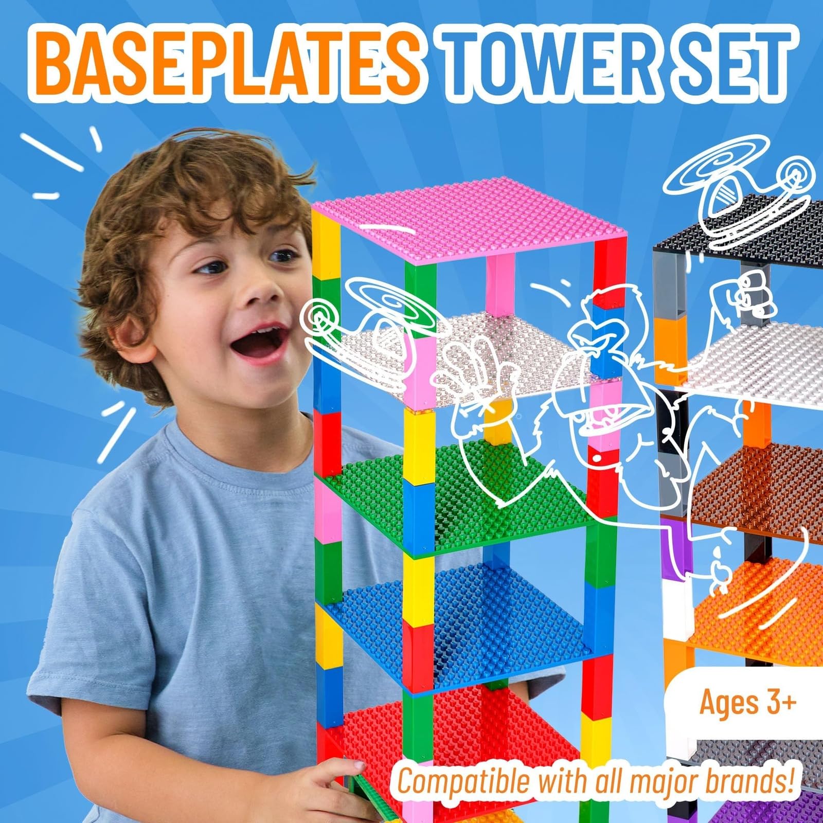 Strictly Briks Stackable Base Plates Lego Compatible - Stackable Rainbow Building Bricks for Towers, Shelves & More - 12 Base Plates & 80 Stackers - 6x6 Inches