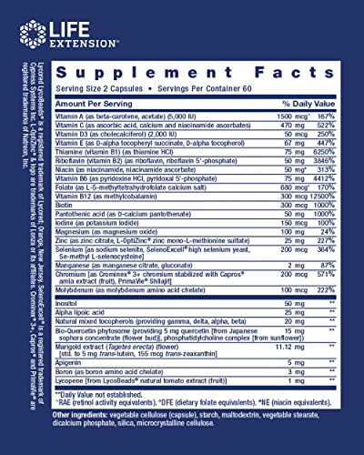 Life Extension Two-Per-Day High Potency Multivitamin & Mineral Supplement - Vitamins, Minerals, Plant Extracts, Quercetin, 5-MTHF, Folate & More - Gluten-Free, Non-GMO - 120 Capsules