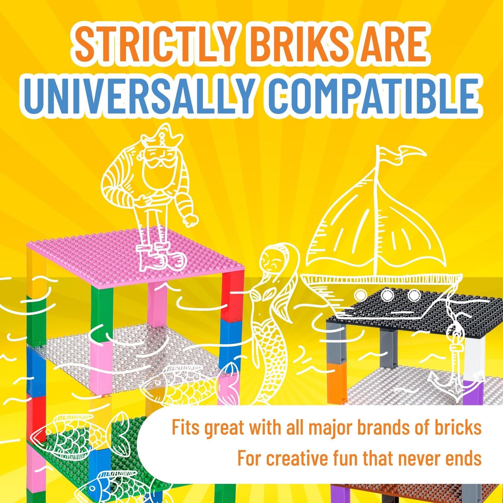 Strictly Briks Stackable Base Plates Lego Compatible - Stackable Rainbow Building Bricks for Towers, Shelves & More - 12 Base Plates & 80 Stackers - 6x6 Inches