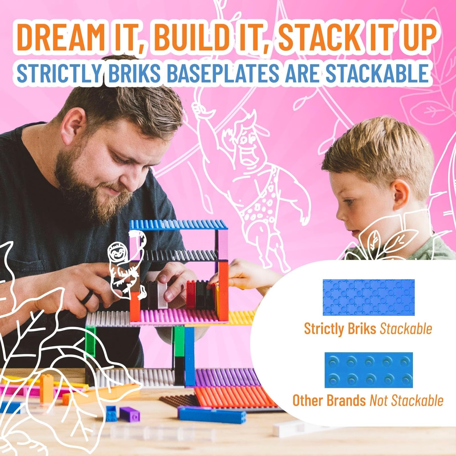Strictly Briks Stackable Base Plates Lego Compatible - Stackable Rainbow Building Bricks for Towers, Shelves & More - 12 Base Plates & 80 Stackers - 6x6 Inches