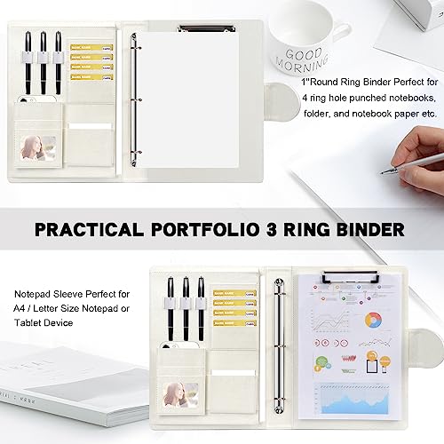 Toplive Padfolio Folder 3 Ring Binder PU Leather Portfolio, Business Interview Resume Portfolio A4/ Letter Size Document Organizer with Clipboard for Women Men, Pink