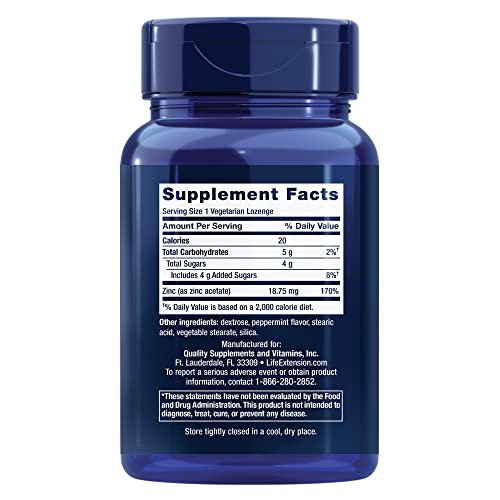 Life Extension Enhanced Zinc Lozenges - Support Healthy Immune System - Peppermint-Flavored - Gluten-Free, Non-GMO, Vegetarian Lozenges - 30 Count